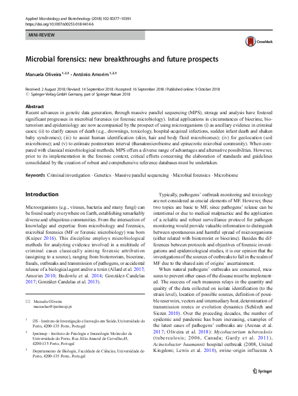 (PDF) Microbial forensics: new breakthroughs and future prospects