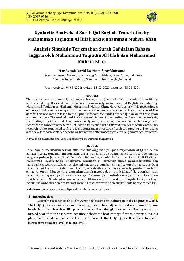 (PDF) Syntactic Analysis of Surah Qaf English Translation by Muhammad ...