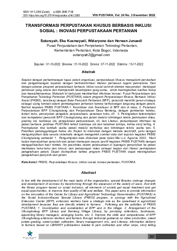 (PDF) Transformasi Perpustakan Khusus Berbasis Inklusi Sosial : Inovasi Perpustakaan Pertanian