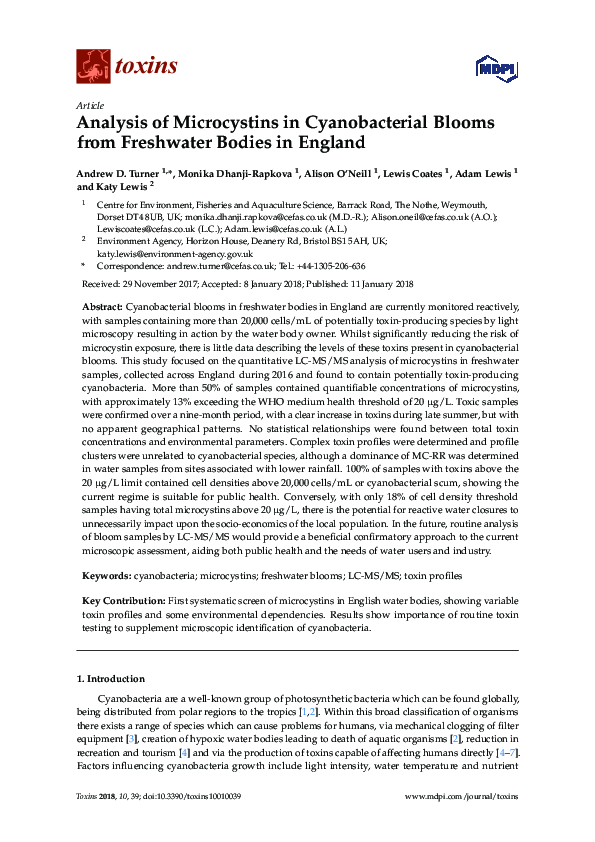 (PDF) Analysis of Microcystins in Cyanobacterial Blooms from Freshwater Bodies in England