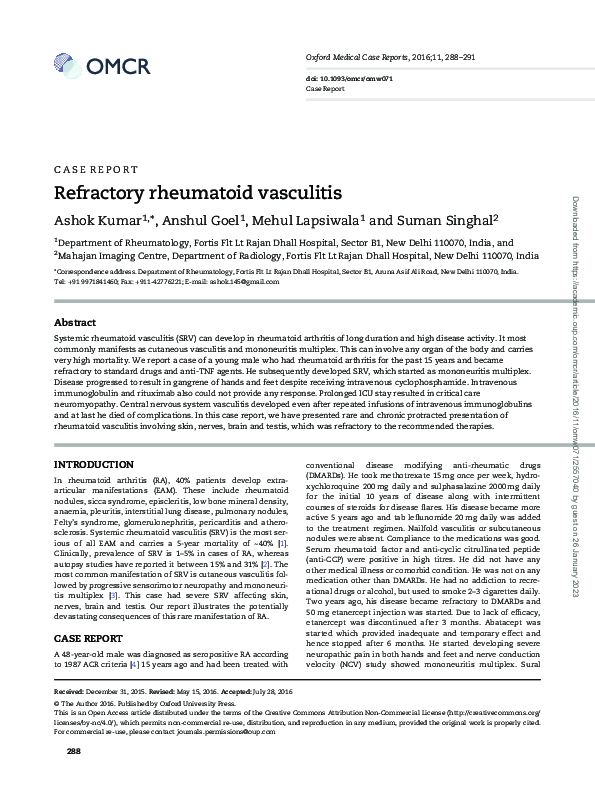 Pdf Refractory Rheumatoid Vasculitis