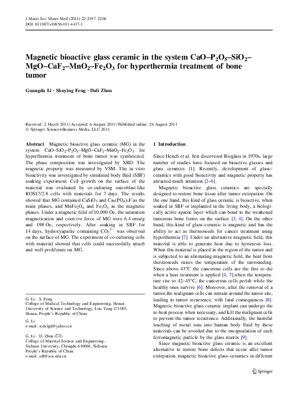 (PDF) Magnetic bioactive glass ceramic in the system CaO–P2O5–SiO2–MgO ...
