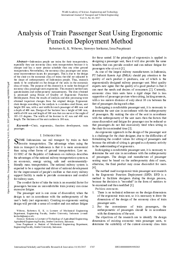 (PDF) Analysis Of Train Passenger Seat Using Ergonomic Function Deployment Method
