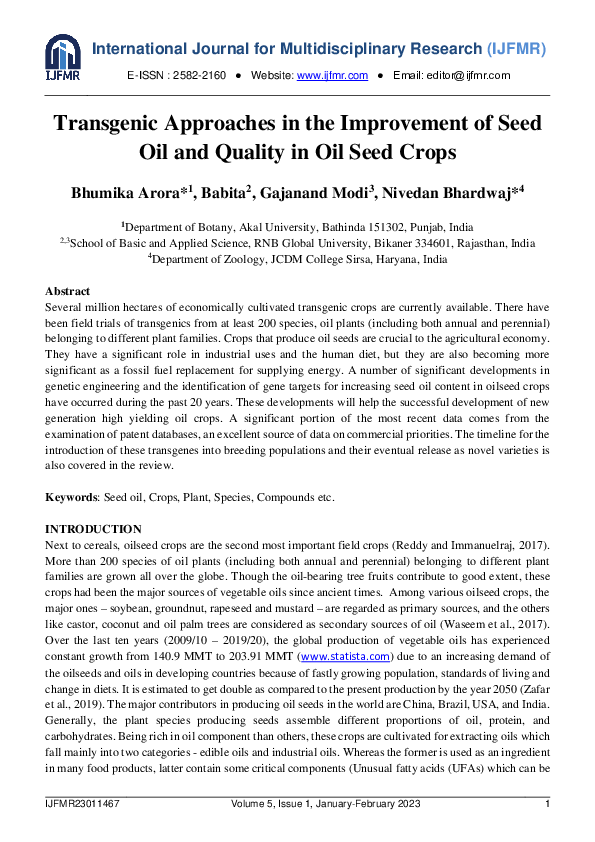 (PDF) Transgenic Approaches in the Improvement of Seed Oil and Quality ...