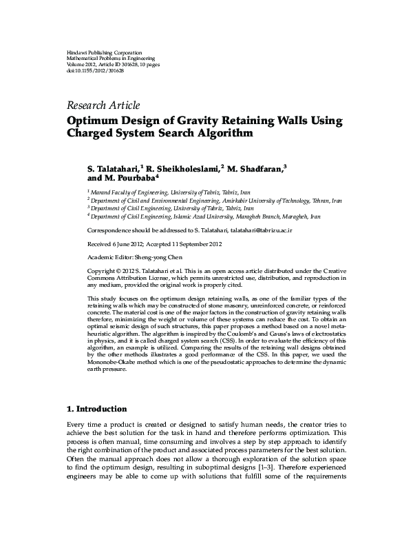 (PDF) Optimum Design of Gravity Retaining Walls Using Charged System Search Algorithm