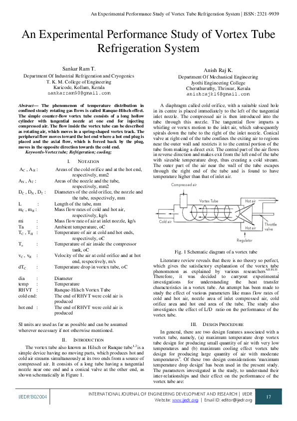 (PDF) An Experimental Performance Study of Vortex Tube Refrigeration System