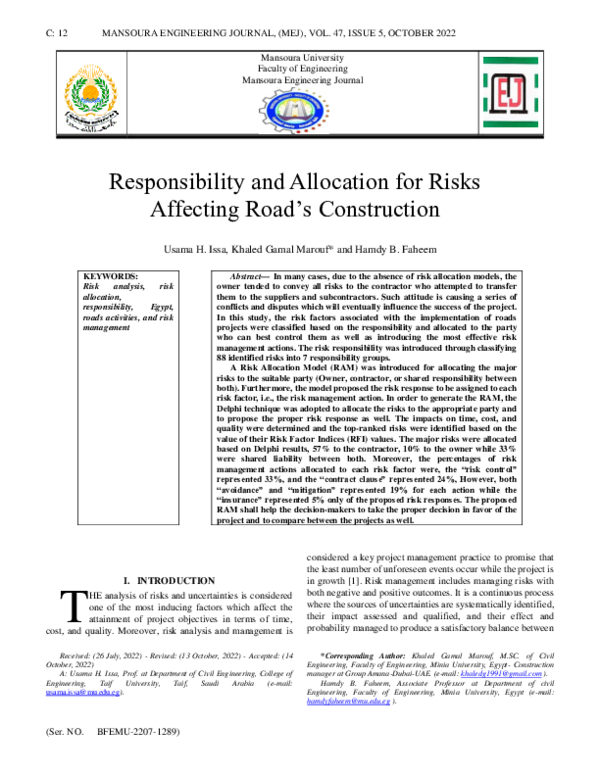 (PDF) Responsibility and Allocation for Risks Affecting Road’s Construction