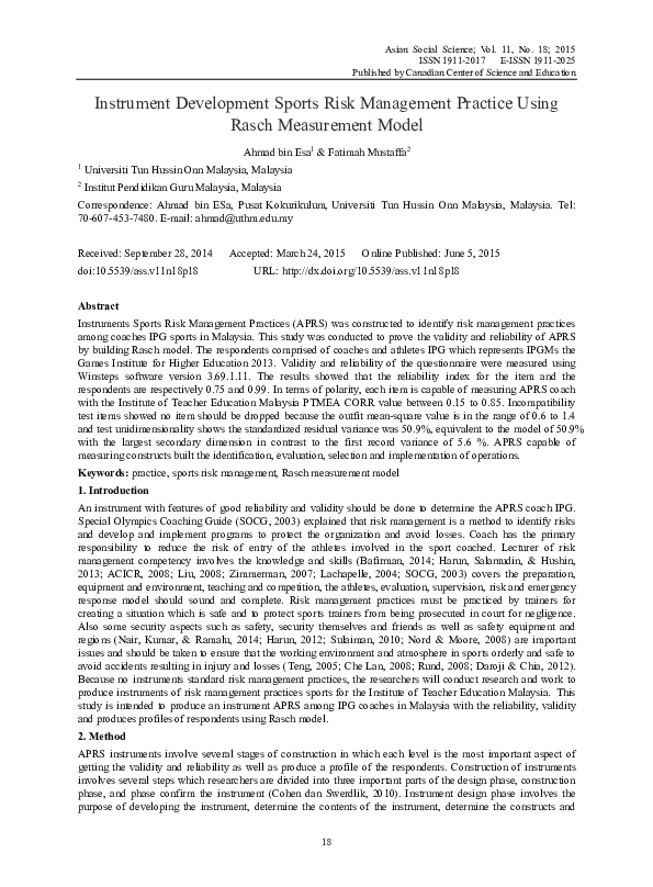 (PDF) Instrument Development Sports Risk Management Practice Using Rasch Measurement Model