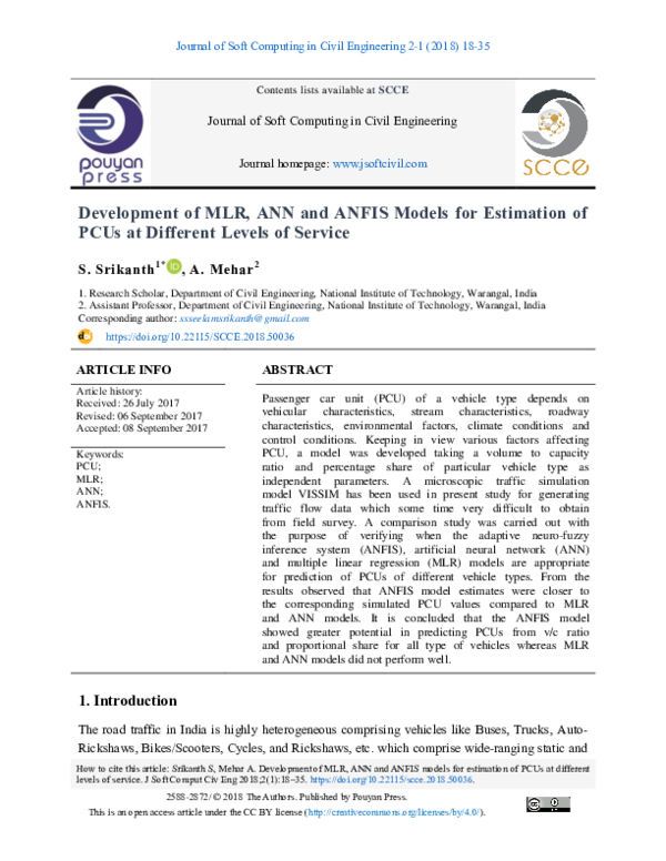 (PDF) Development of MLR, ANN and ANFIS Models for Estimation of PCUs at Different Levels of Service