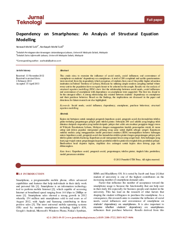 (PDF) Dependency on Smartphones: An Analysis of Structural Equation Modelling
