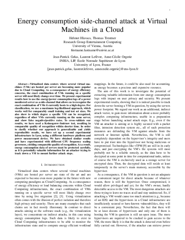 (PDF) Energy Consumption Side-Channel Attack at Virtual Machines in a Cloud