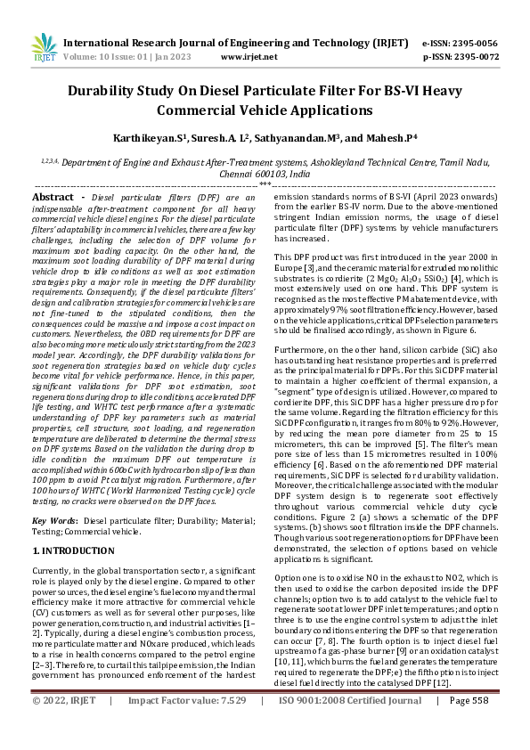 (PDF) Durability Study On Diesel Particulate Filter For BS-VI Heavy ...