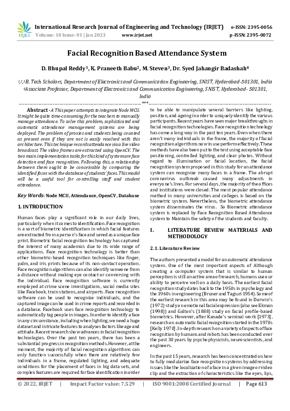 (PDF) Facial Recognition Based Attendance System