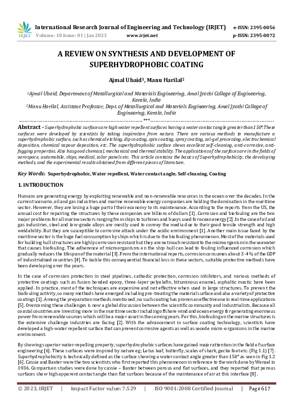 (PDF) A REVIEW ON SYNTHESIS AND DEVELOPMENT OF SUPERHYDROPHOBIC COATING