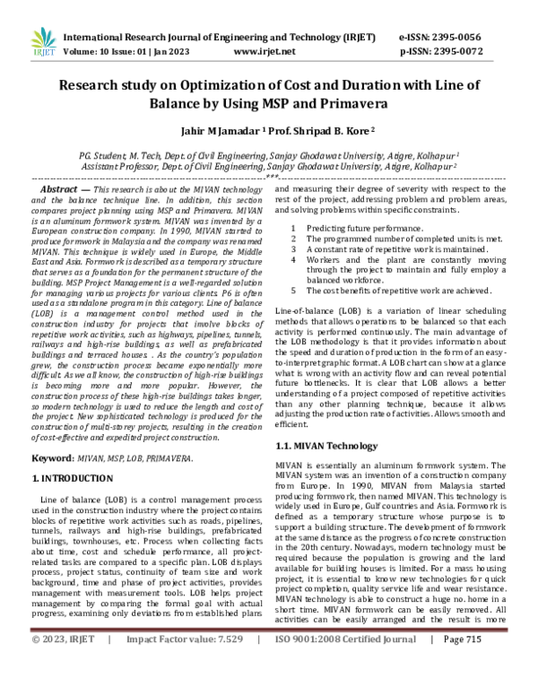 (PDF) Research study on Optimization of Cost and Duration with Line of Balance by Using MSP and ...