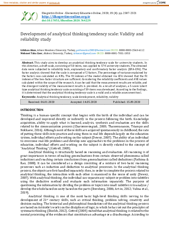 (PDF) Development of analytical thinking tendency scale: Validity and reliability study