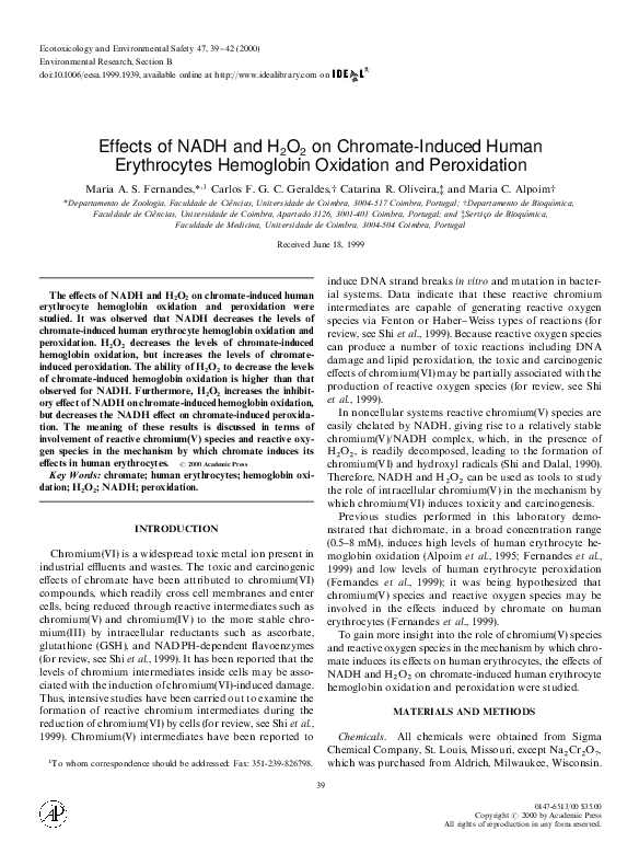 (PDF) Effects of NADH and H2O2 on Chromate-Induced Human Erythrocytes ...