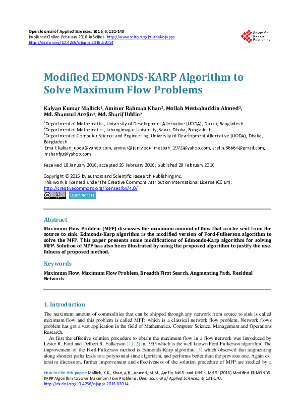 Pdf Modified Edmonds Karp Algorithm To Solve Maximum Flow Problems