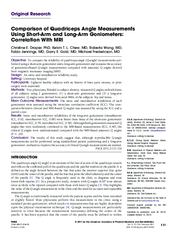 (PDF) Comparison of Quadriceps Angle Measurements Using Short-Arm and ...