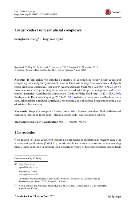Pdf Linear Codes From Simplicial Complexes