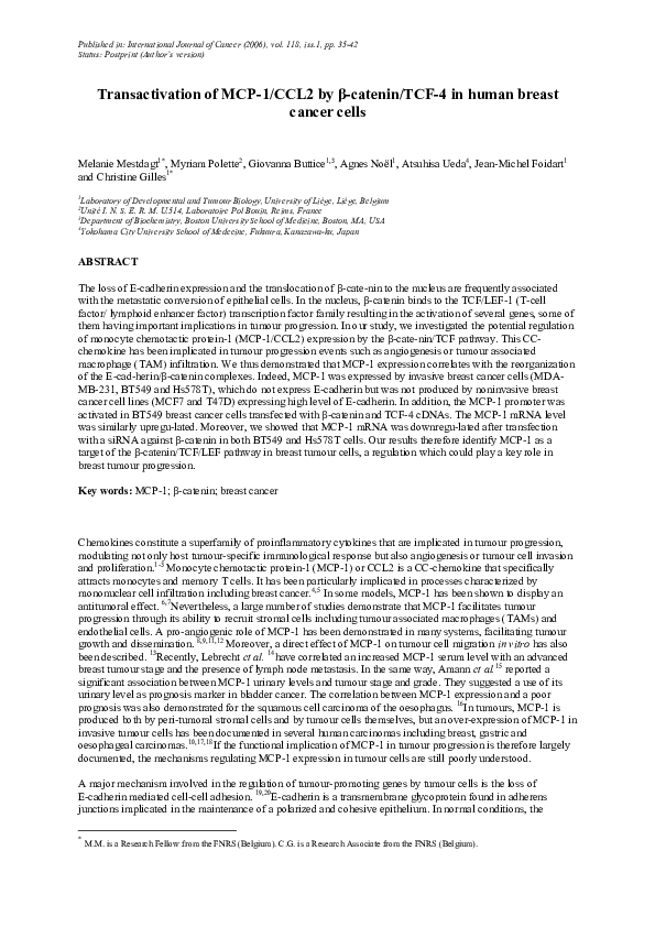 (PDF) Transactivation of MCP-1/CCL2 by β-catenin/TCF-4 in human breast ...