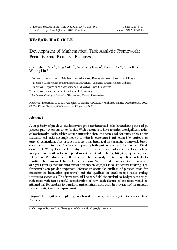 (PDF) Development of Mathematical Task Analytic Framework: Proactive and Reactive Features