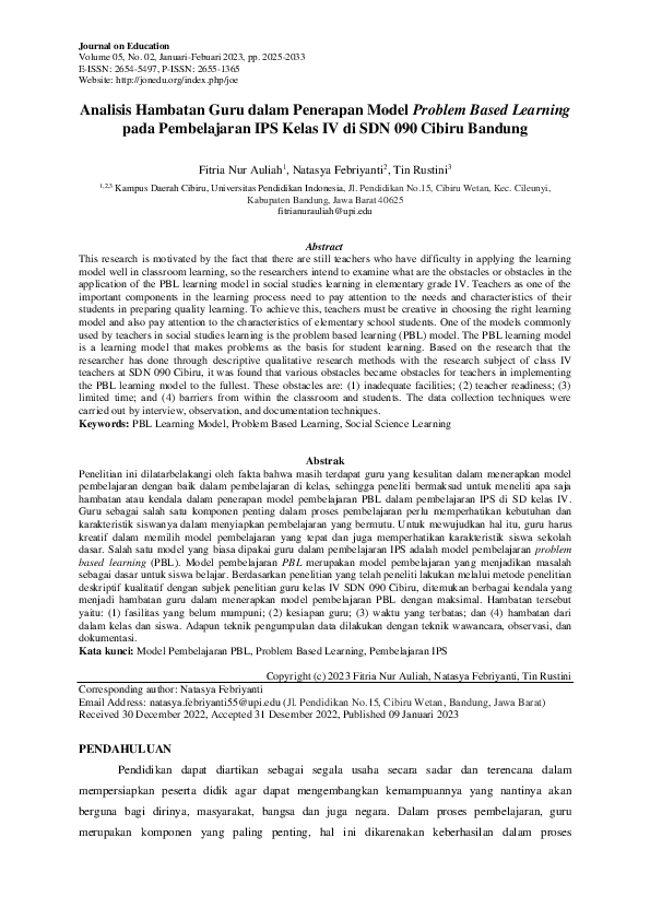 (PDF) Analisis Hambatan Guru dalam Penerapan Model Problem Based Learning pada Pembelajaran IPS ...