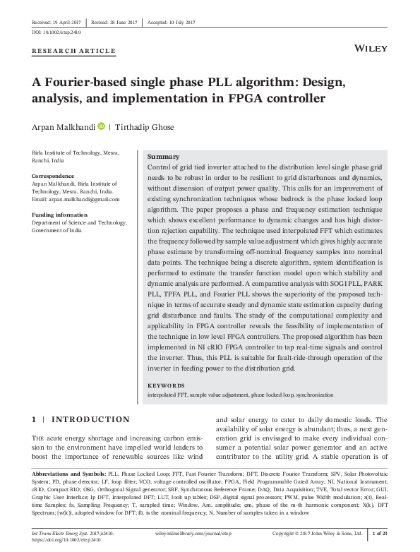 Pdf A Fourier Based Single Phase Pll Algorithm Design Analysis And Implementation In Fpga