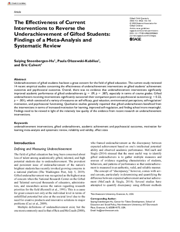 (PDF) The Effectiveness of Current Interventions to Reverse the Underachievement of Gifted ...