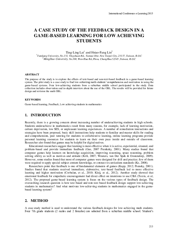 (PDF) A Case Study of the Feedback Design in a Game-Based Learning for Low Achieving Students