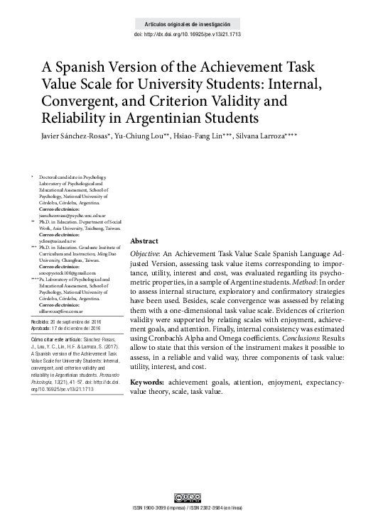 (PDF) A Spanish Version of the Achievement Task Value Scale for ...