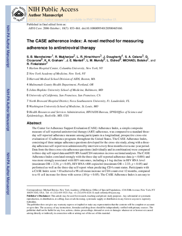 (PDF) The CASE adherence index: A novel method for measuring adherence to antiretroviral therapy