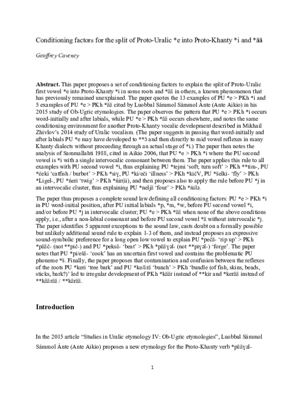 (DOC) Conditioning factors for the split of Proto-Uralic *e into Proto-Khanty *i and *ää