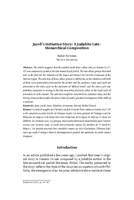(PDF) Jacob's Initiation Story: A Judahite Late-Monarchical Composition