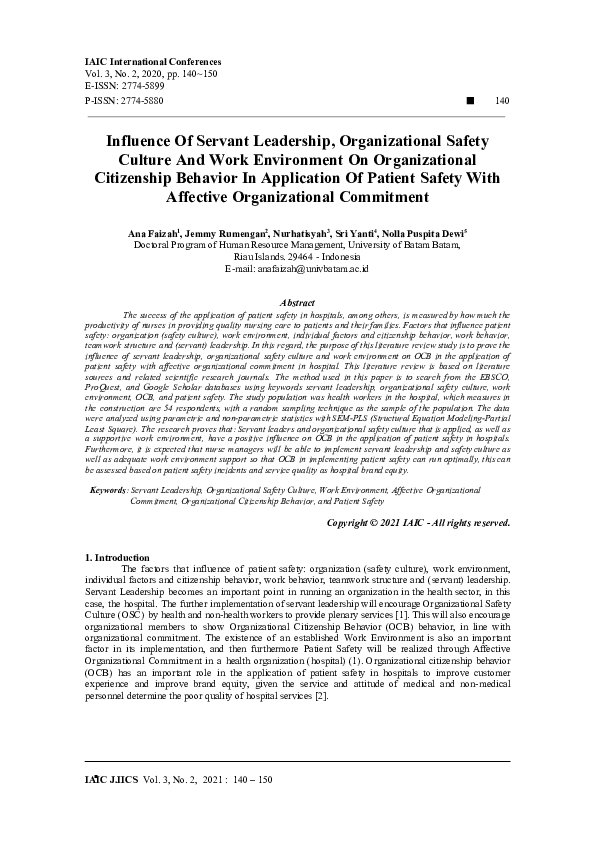 (PDF) Influence Of Servant Leadership, Organizational Safety Culture And Work Environment On ...