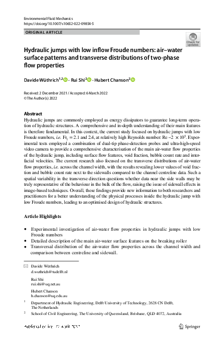 (PDF) Hydraulic jumps with low inflow Froude numbers: air–water surface ...