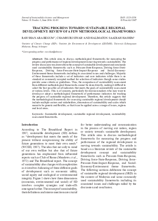(PDF) Tracking progress towards sustainable regional development: Review of a few methodological ...