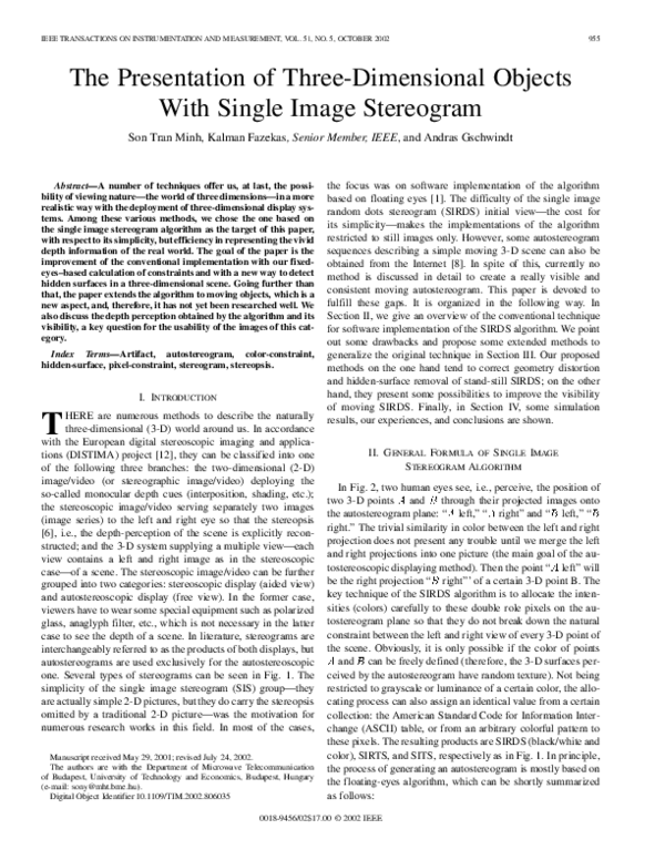 (PDF) The presentation of three-dimensional objects with single image stereogram