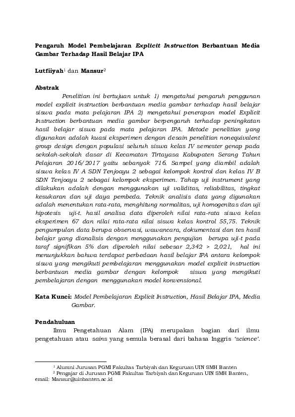 (PDF) Pengaruh Model Pembelajaran Explicit Instruction Berbantuan Media Gambar Terhadap Hasil ...