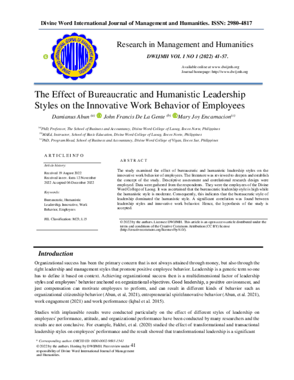 (PDF) The Effect of Bureaucratic and Humanistic Leadership Styles on the Innovative Work ...