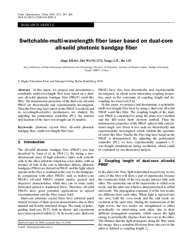 (PDF) Switchable-multi-wavelength fiber laser based on dual-core all-solid photonic bandgap fiber