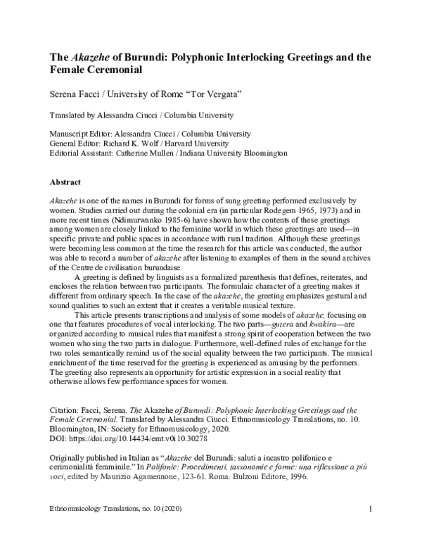 (PDF) The Akazehe of Burundi: Polyphonic Interlocking Greetings and the ...