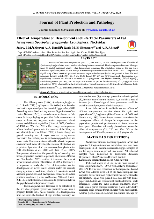 (PDF) Effect of Temperature on Development and Life Table Parameters of Fall Armyworm Spodoptera ...