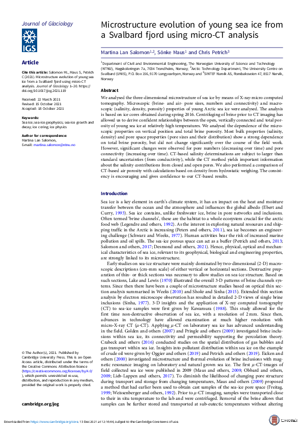 (PDF) Microstructure evolution of young sea ice from a Svalbard fjord using micro-CT analysis