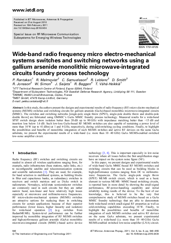 (PDF) Wide-band radio frequency micro electro-mechanical systems switches and switching networks ...