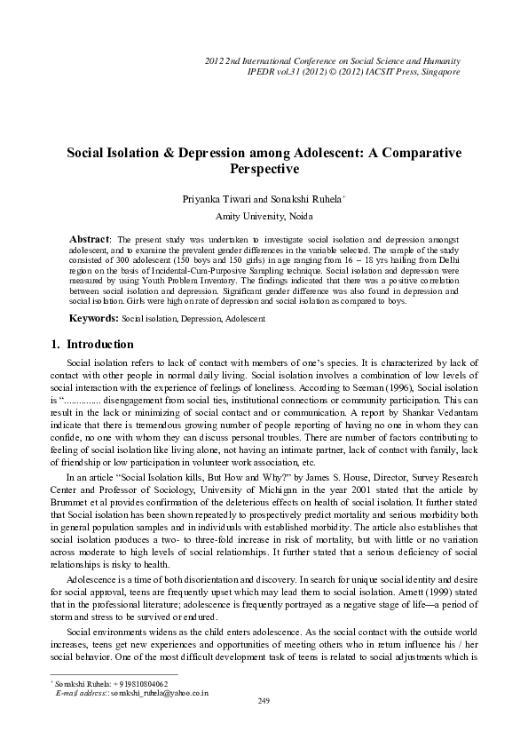 (PDF) Social Isolation & Depression among Adolescent: A Comparative ...
