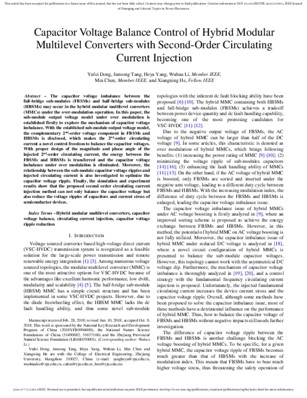 (PDF) Capacitor Voltage Balance Control of Hybrid Modular Multilevel Converters With Second ...