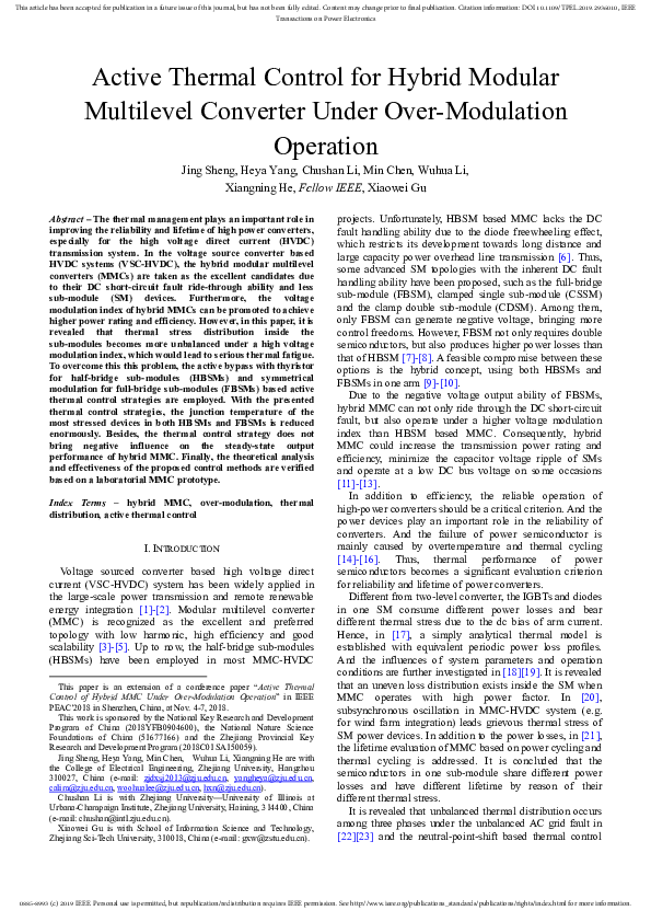 Pdf Active Thermal Control For Hybrid Modular Multilevel Converter Under Overmodulation Operation