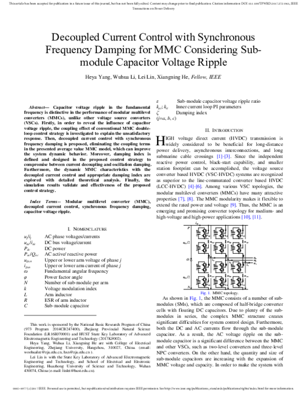 (PDF) Decoupled Current Control With Synchronous Frequency Damping for MMC Considering Sub ...
