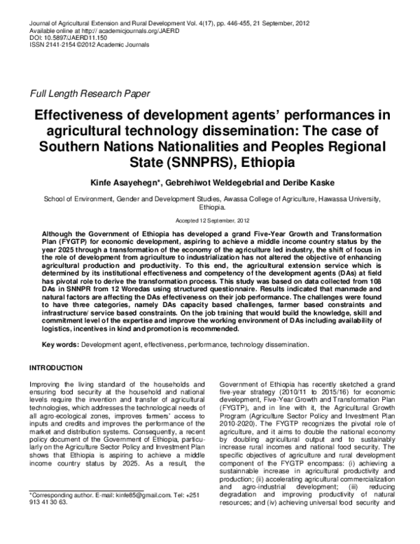 (PDF) Effectiveness of development agents performances in agricultural ...